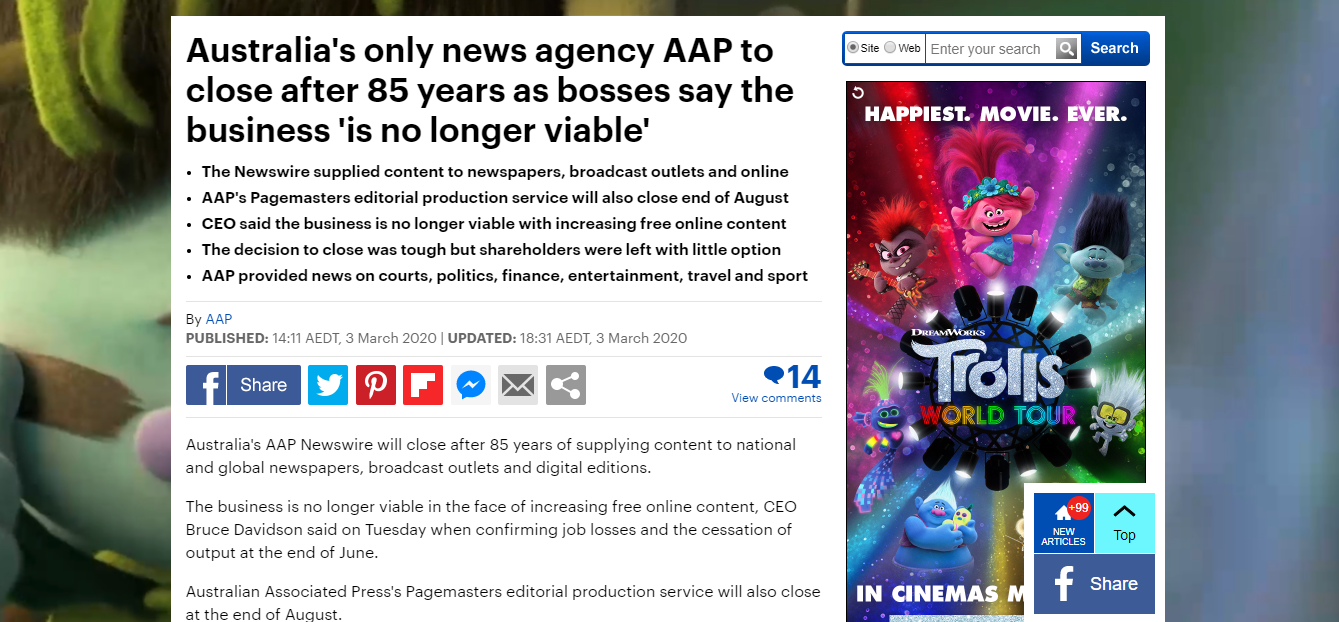 Daily Mail Australia Reports the AAP Closure - MECO6925 Online Journalism