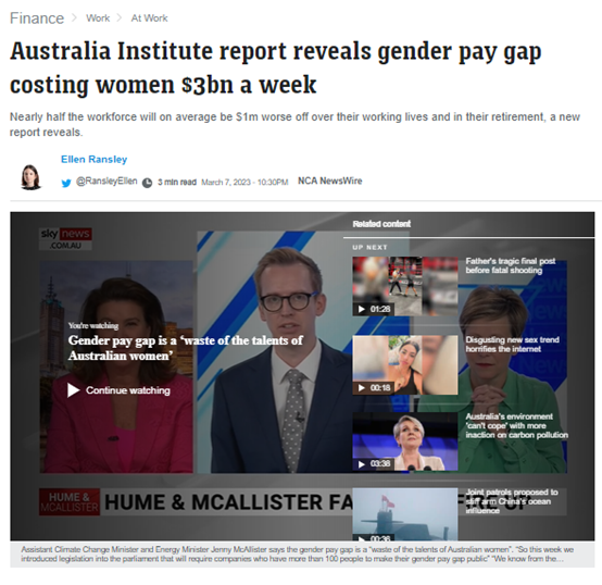 Australia Institute report reveals gender pay gap costing women $3bn a ...